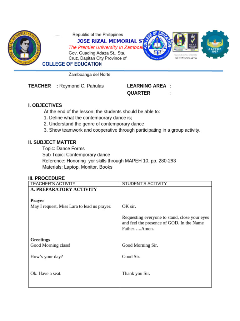 Contemporary Dance Lesson Plan | PDF | Human Communication | Behavior Modification