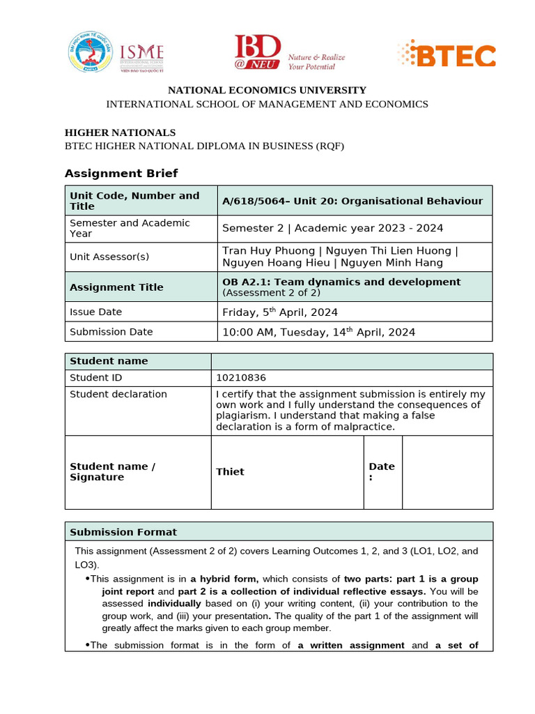 OB - Assignment Brief 2.1 - New Form - Approved - 2024 | PDF | Motivation | Motivational
