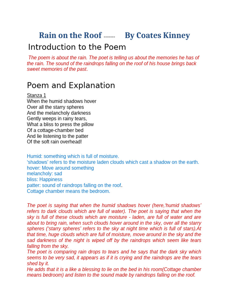 Rain On The Roof - Notes Textbook Explanation | PDF | Poetry | Dream