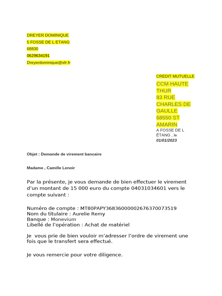 Demande de virement bancaire de 15 000 € | PDF