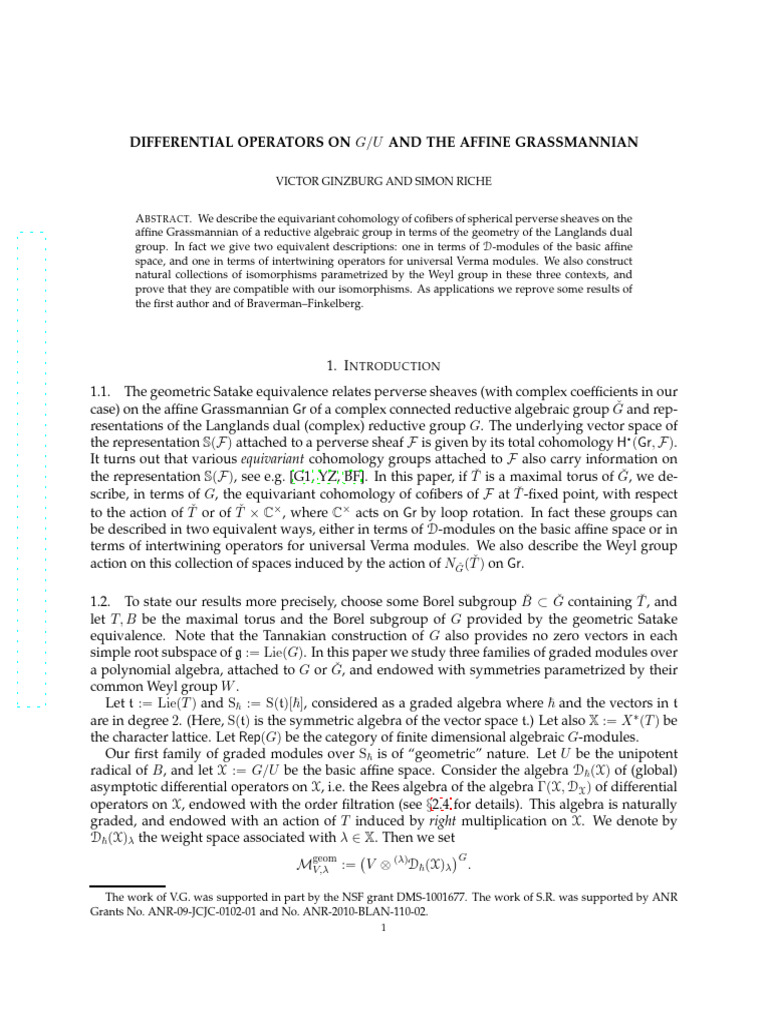 Differential Operators On and The Affine Grassmannian: GR H GR | PDF | Lie Algebra ...