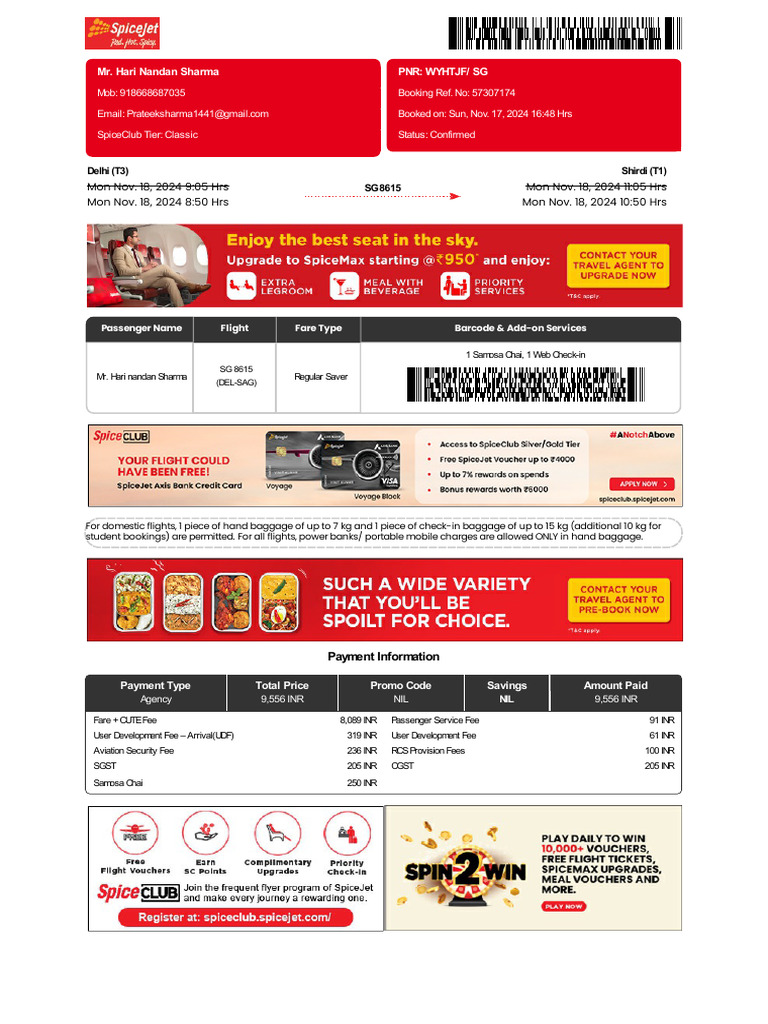 SpiceJet - E-Ticket - PNR - WYHTJF 18 Nov 2024 Delhi-Shirdi For MR ...