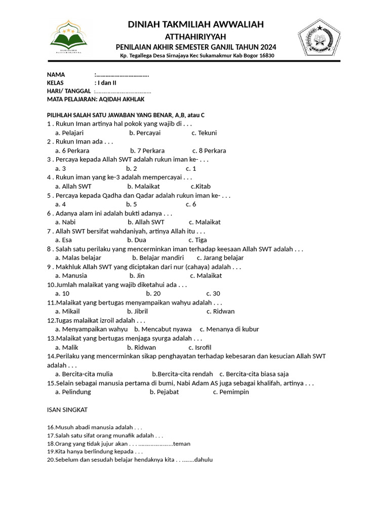 Soal Akidah Akhlak Kelas 1 Dan 2 | PDF