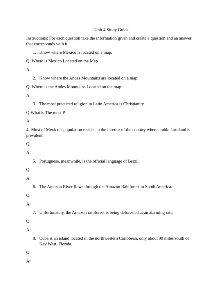 Unit 4 Study Guide For 6th Grade | PDF