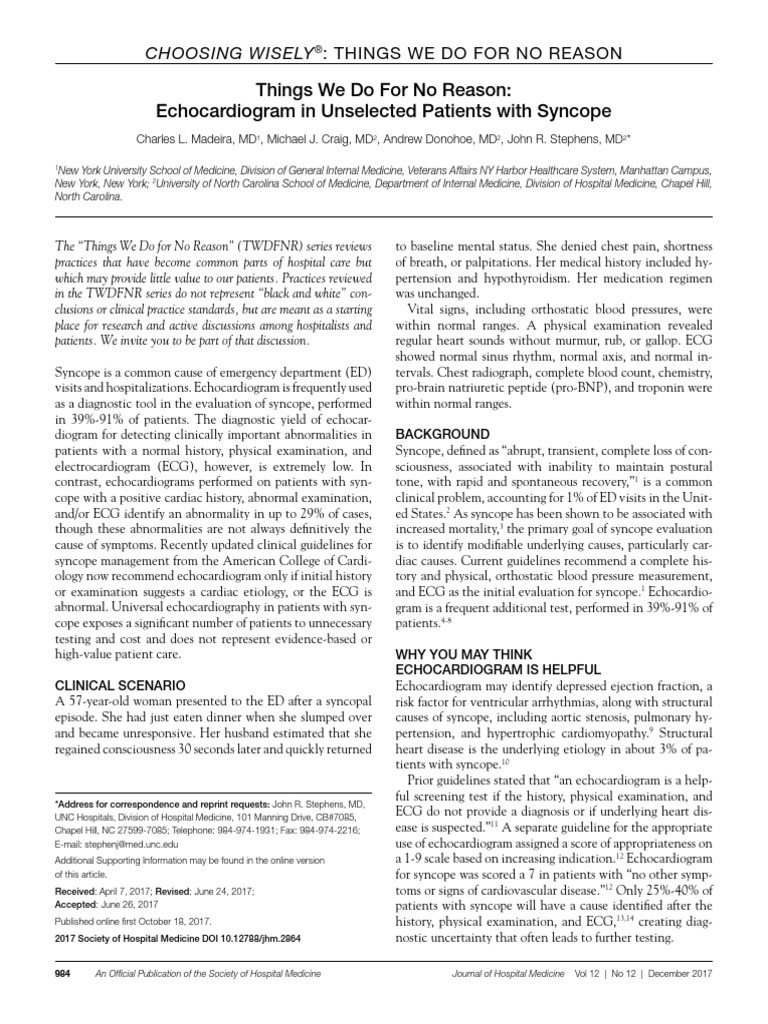 Things We Do For No Reason Echocardiogram in Unselected Patients With Syncope | PDF ...