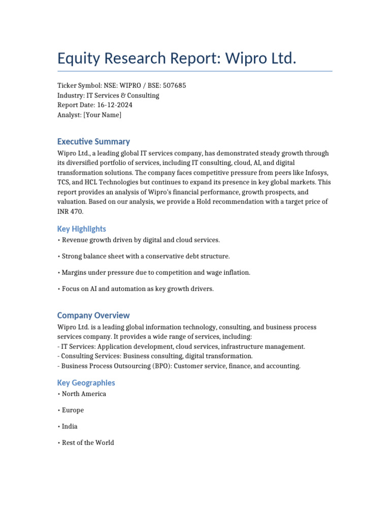 Wipro Ltd. Equity Research Report 2024 | PDF | Discounted Cash Flow | Valuation (Finance)