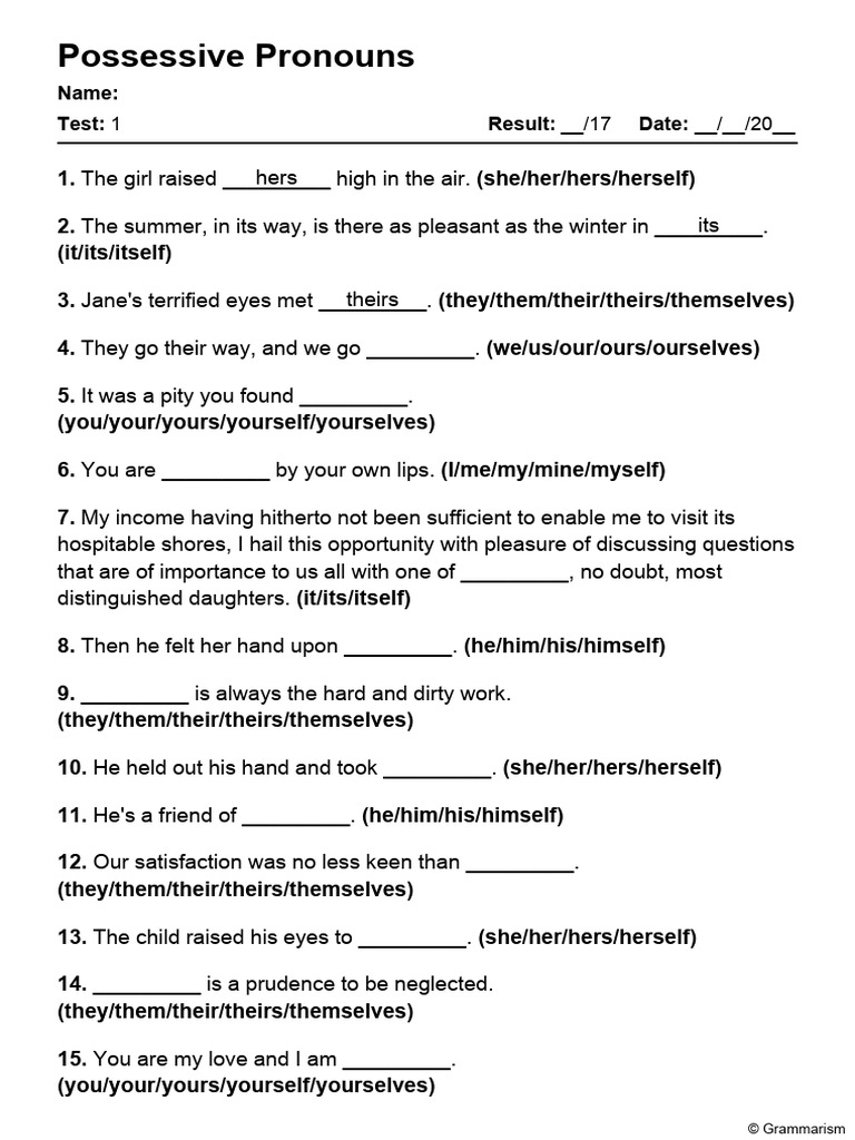 Grammarism Possessive Pronouns Test 1 1522743 | PDF