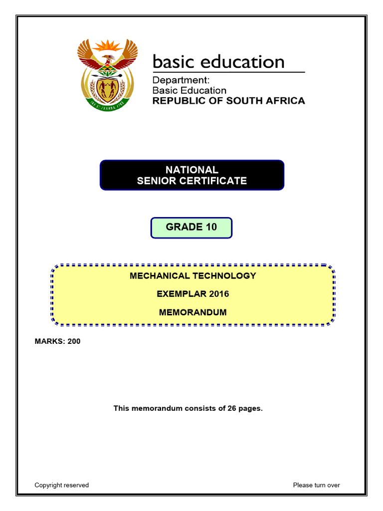 Mechanical Technology GR 10 Exemplar 2016 Memo Eng | PDF | Clutch ...
