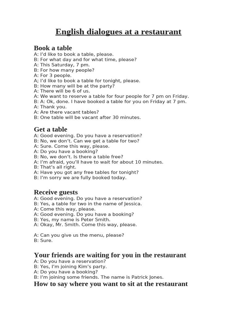 English Dialogues at A Restaurant | PDF | Tableware | Foods