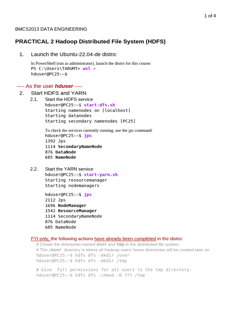 Practical 2 Hadoop Distributed File System (HDFS) | PDF | Unix | Computer Architecture