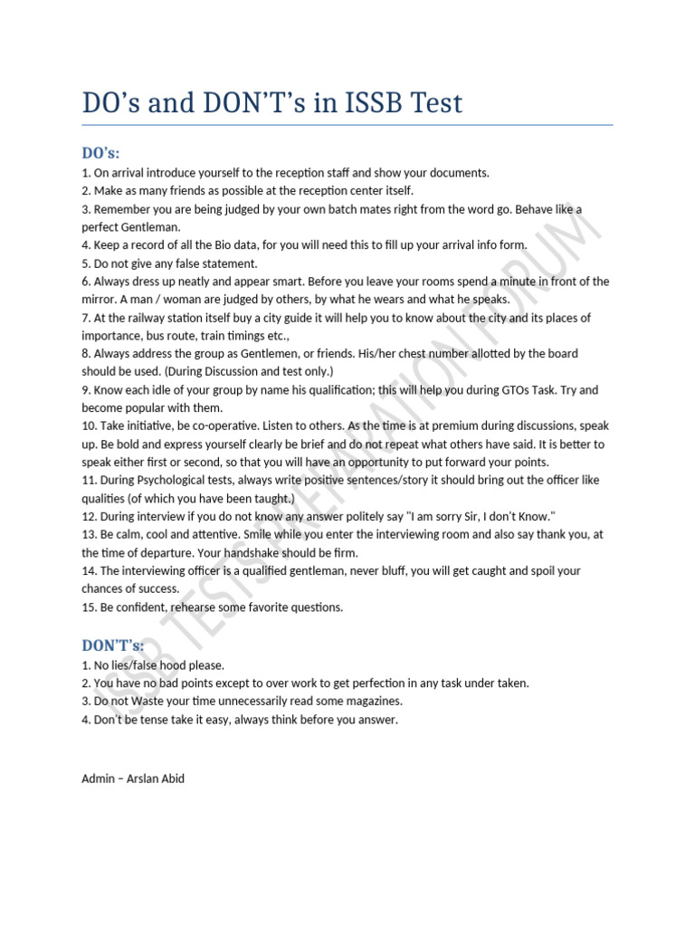 ISSB Test Do's and Don'ts Guide | PDF