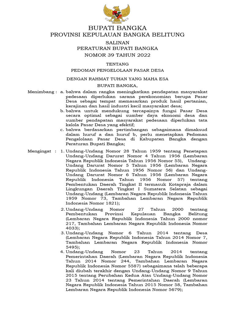 Perbup No. 39 Tahun 2022 ttg Pedoman Pengelolaan Pasar Desa | PDF