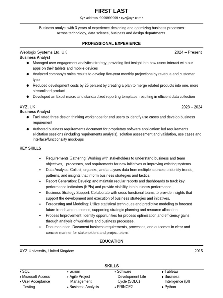 Business Analyst CV Sample 1 | PDF | Data Analysis | Strategic Management