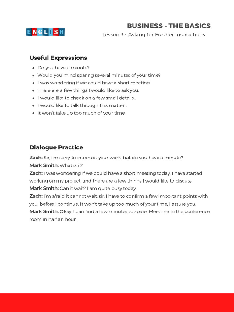 Lesson 3 - Asking For Further Instructions | PDF