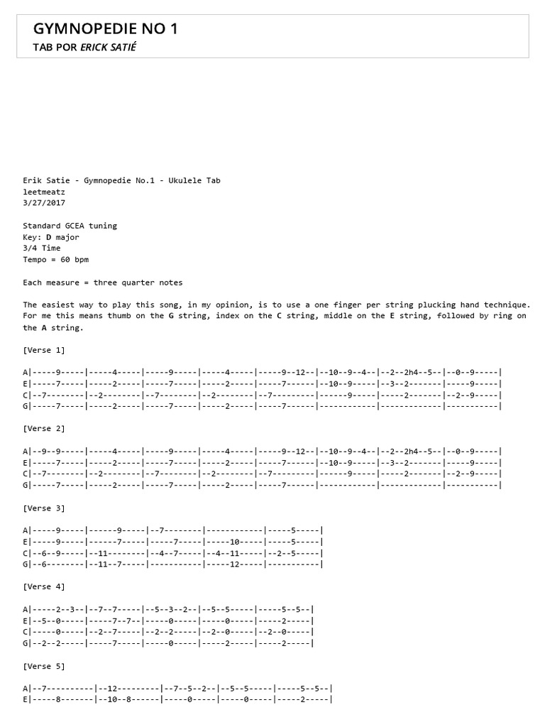 Gymnopédie No. 1 Ukulele Tab | PDF | String Instruments | Guitar Family ...