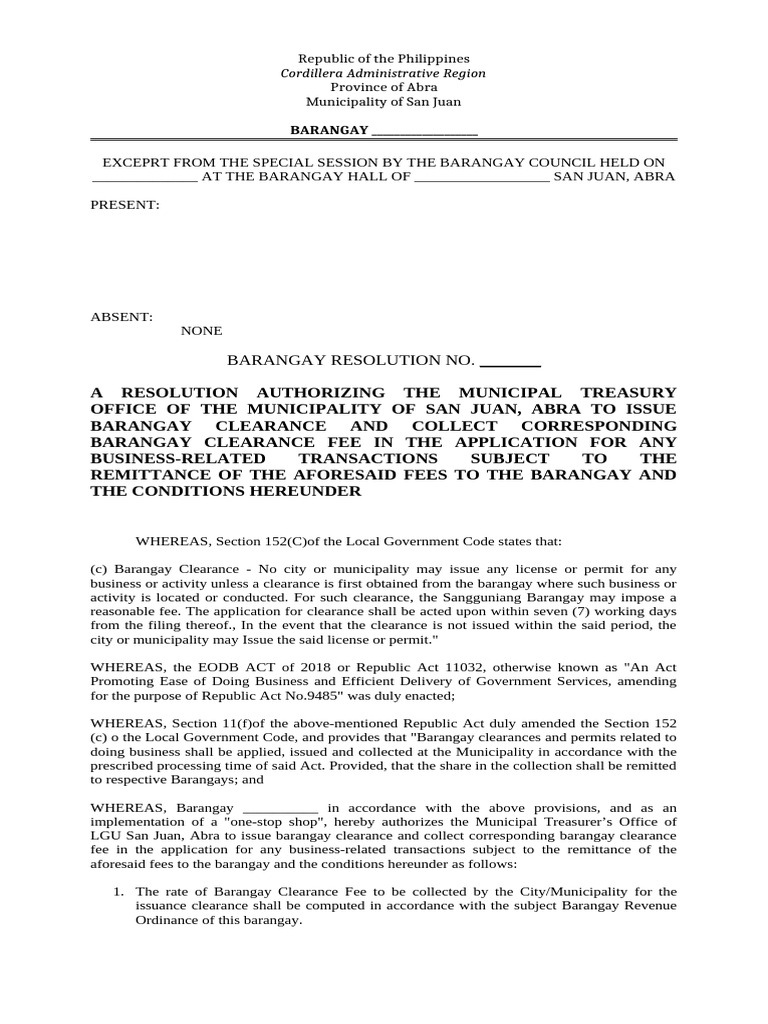 BARANGAY RESOLUTION BUSINESS CLEARANCE FEE | PDF | Legal Documents ...