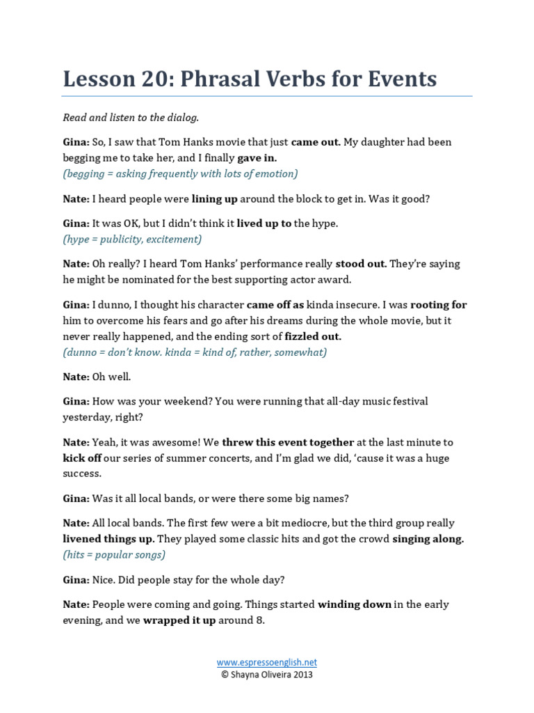 Lesson 20 - Phrasal Verbs For Events | PDF