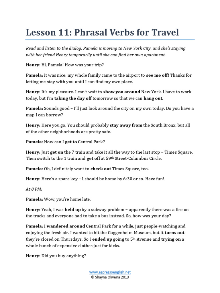 Lesson 11 - Phrasal Verbs For Travel | PDF