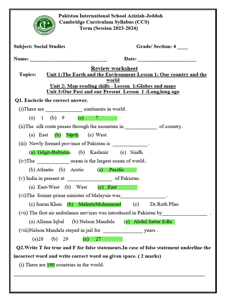 G4-S.st Review Worksheet - (Answer Key) | PDF | Pakistan