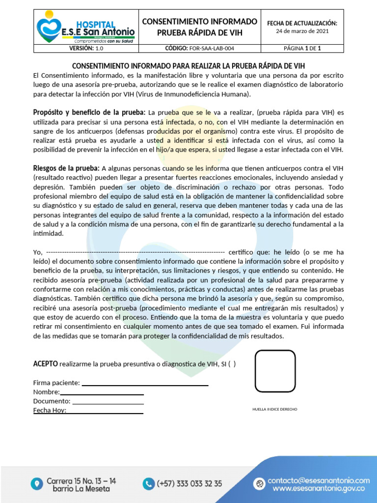 FOR-SAA-LAB-004 Consentimiento Informado Prueba Rapida VIH | PDF | VIH ... FOR-SAA-LAB-004 Consentimiento Informado Prueba Rapida VIH | PDF | VIH ...
