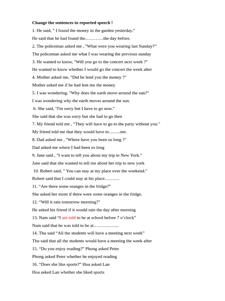 Reported Speech Transformation Exercises | PDF