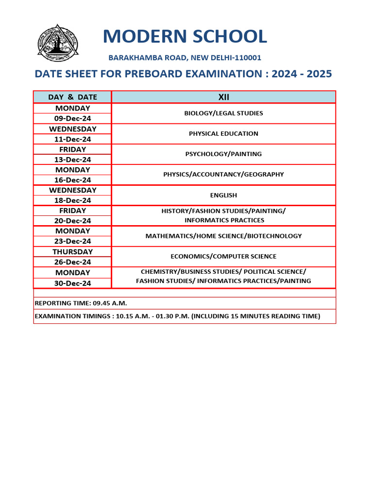 PREBOARD EXAMINATION DATE SHEET (2024-25) | PDF