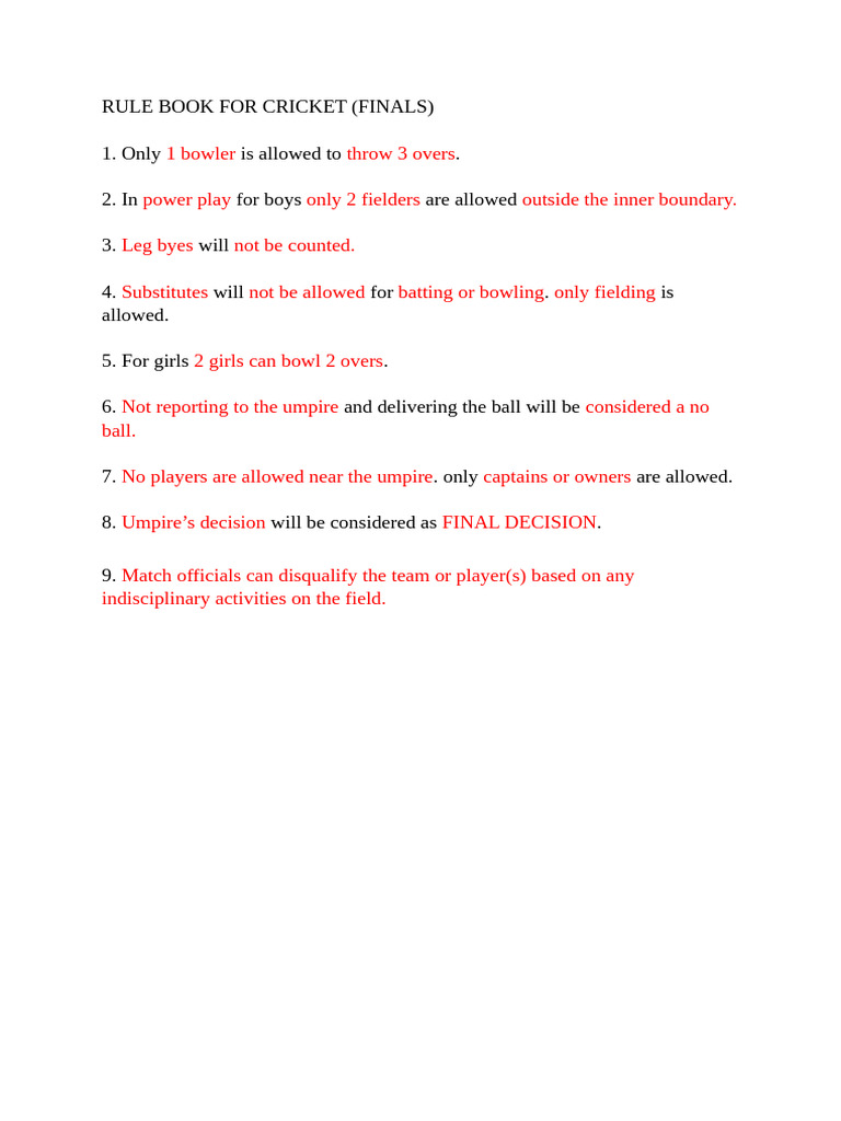 Cricket Finals Rule Book | PDF