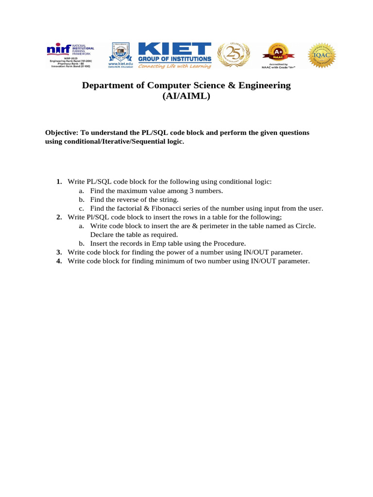 Lab Practice Sheet - 8 (PL-SQL) | PDF