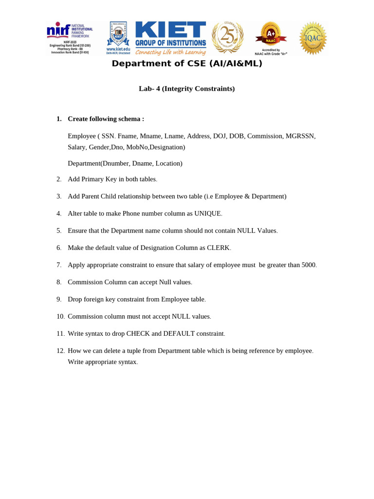 Lab Practice Sheet - 4 (Integrity Constarints) | PDF