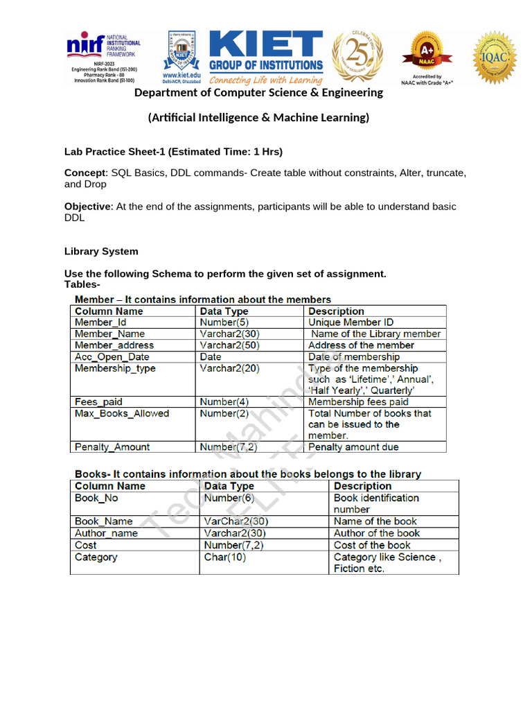 Lab Practice Sheet-1 (DDL) | PDF