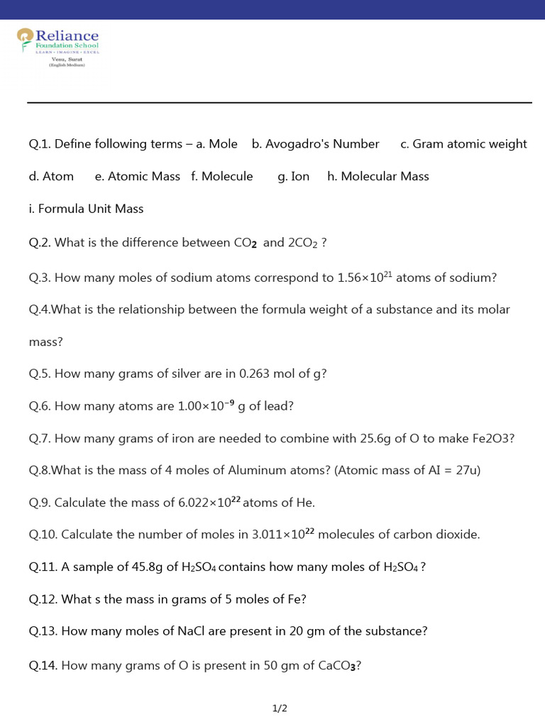 Class 9 Chemistry CH.3. Atoms and Molecules - Worksheet | PDF