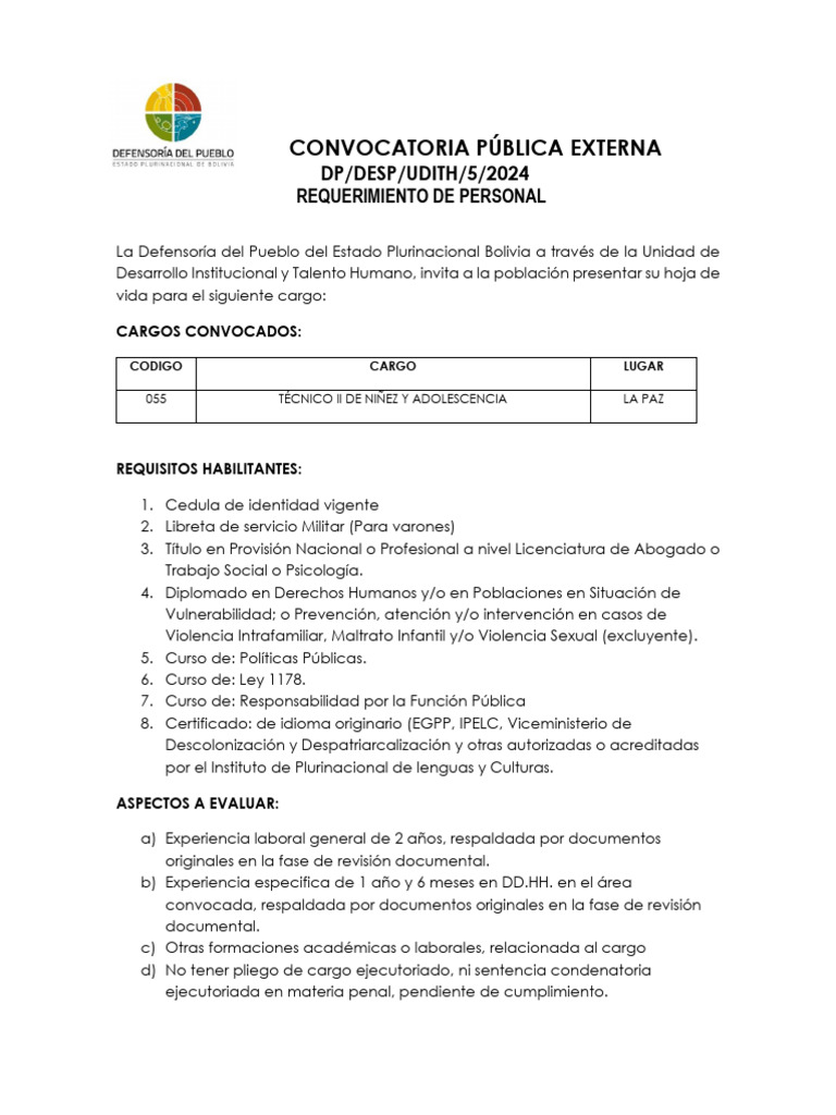 convocatoria-publica-externadp-desp-udith-5-2024requerimiento-de-personal | PDF | Justicia ...