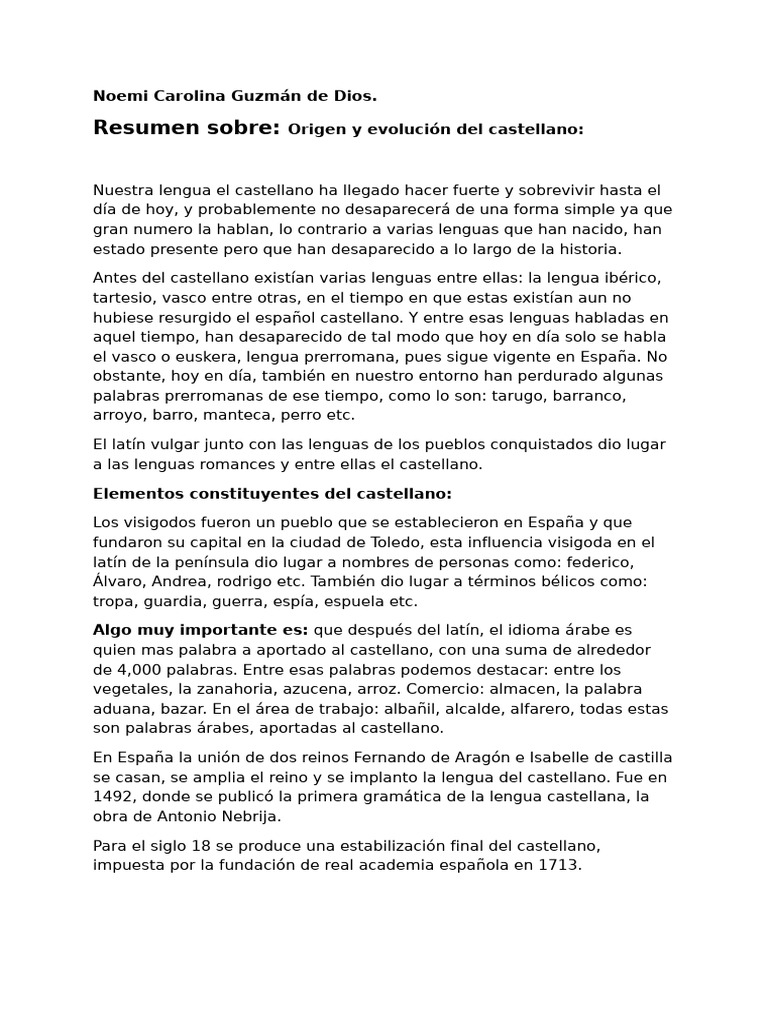 Noemi Guzman. resumen, origen del castellano. | PDF