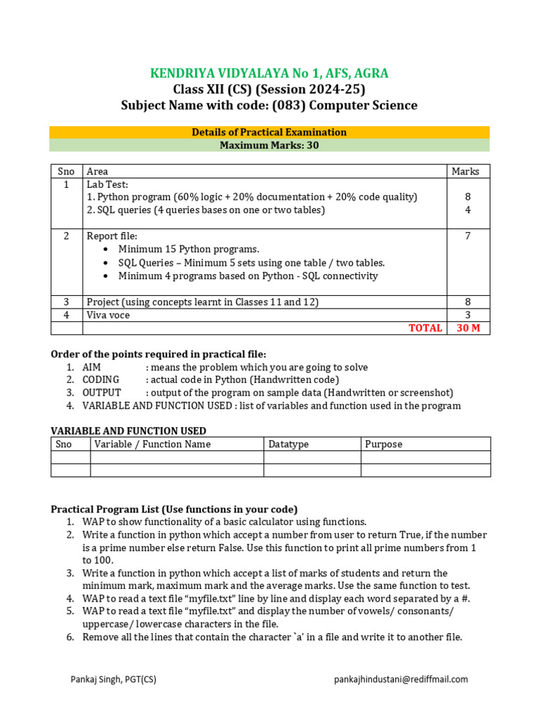 XII CS Practical List 2024-25 | PDF | Databases | My Sql