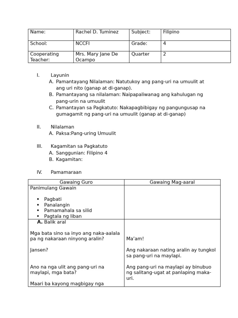 Filipino Lesson Plan | PDF