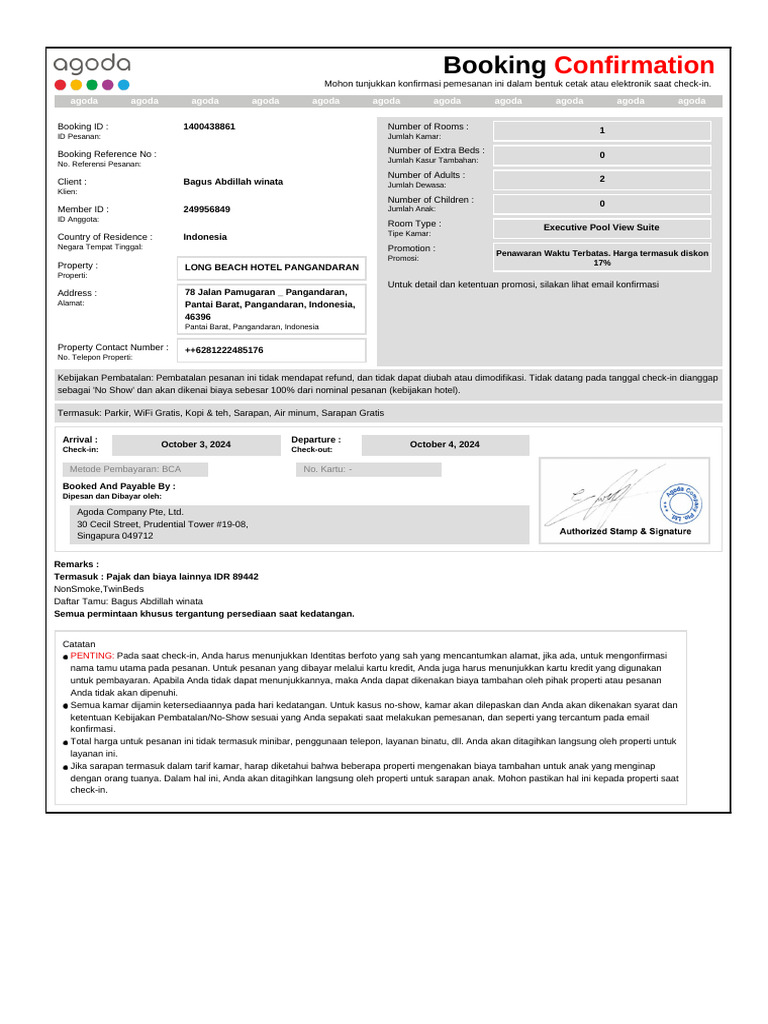 Konfirmasi Pemesanan Agoda | PDF