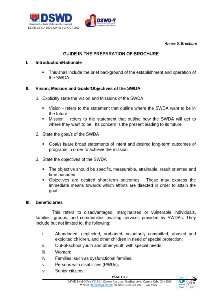 Dswd-sb-gf-050 - Rev 01 - Guide in The Preparation of Brochure | PDF
