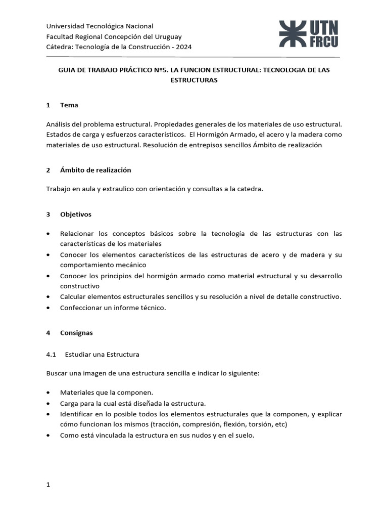 05 2024 Guia de Trabajo Práctico Nº5. La Funcion Estructural Tecnologia de Las Estructuras | PDF ...