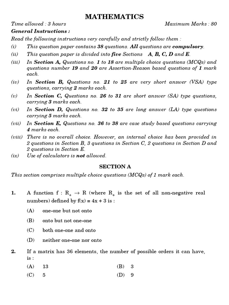 12_MATHEMATICS_SP-1 | PDF | Multiple Choice | Mathematical Concepts