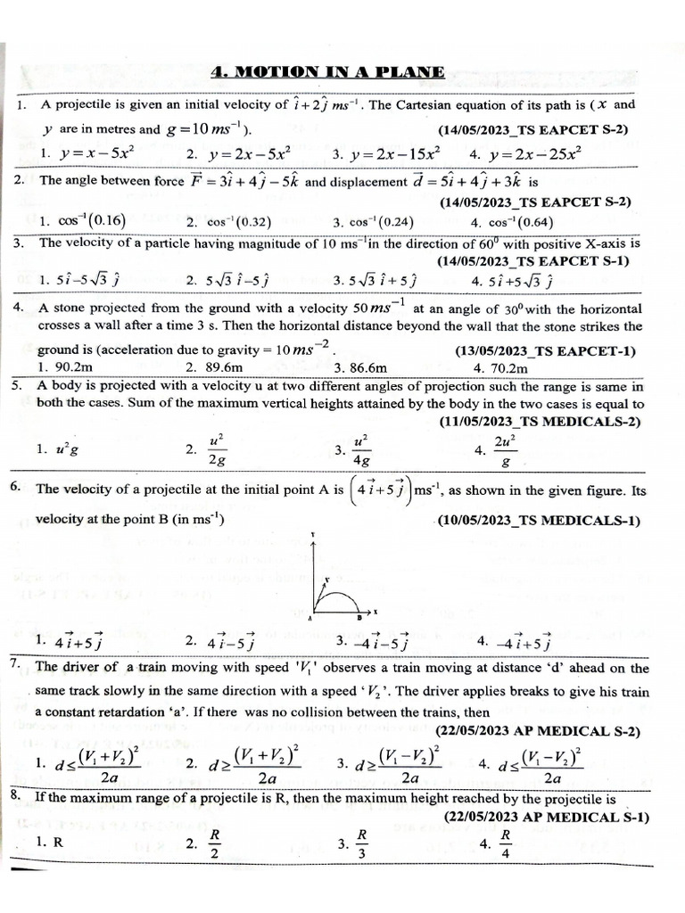 Motion in A Plane Pyqs | PDF