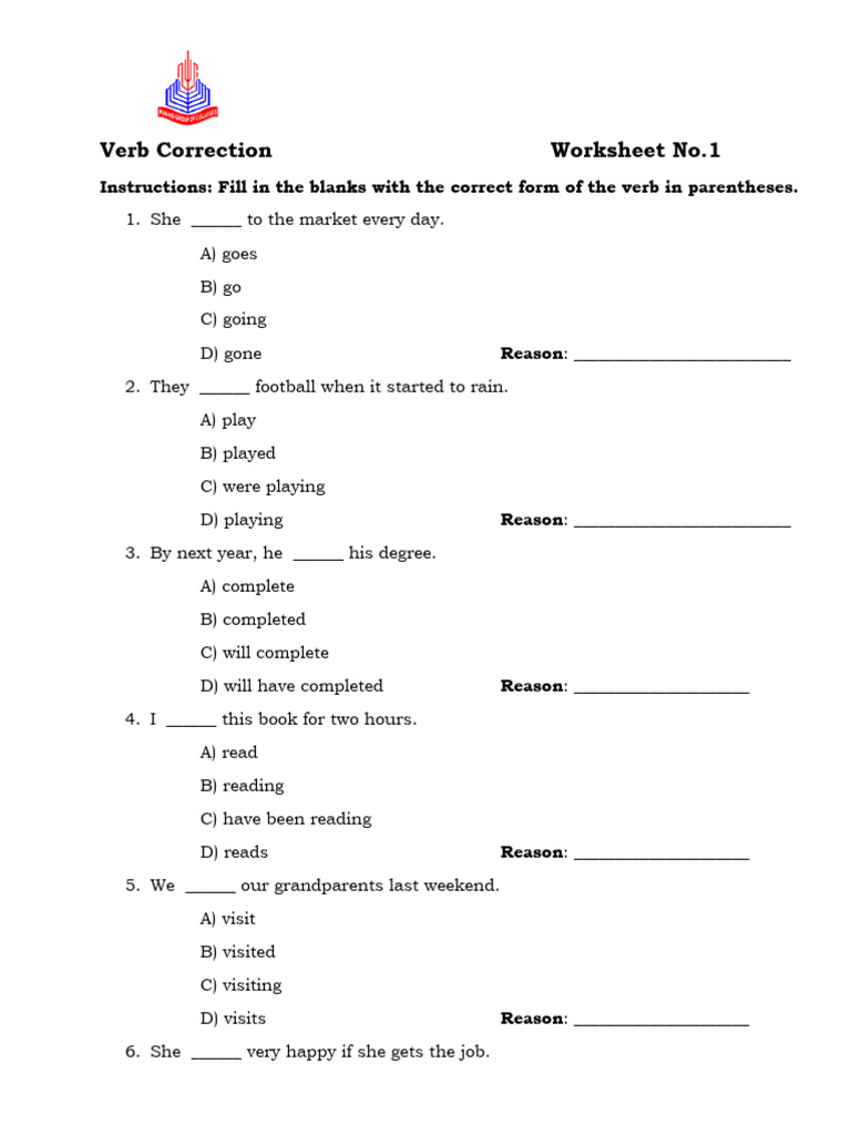 Verb Form Correction Worksheet | PDF