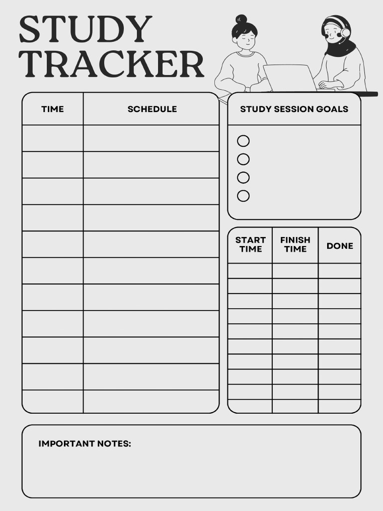 Grey Black Simple Illustrative Study Tracker Planner | PDF