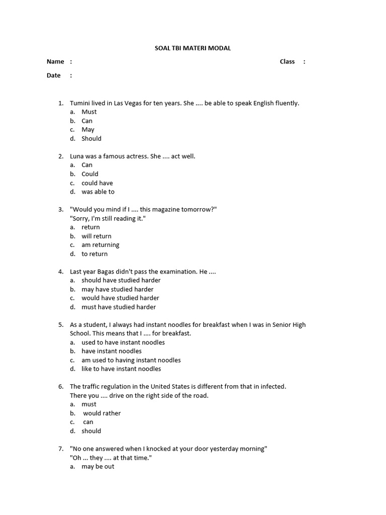 SOAL TBI MATERI MODAL Students | PDF