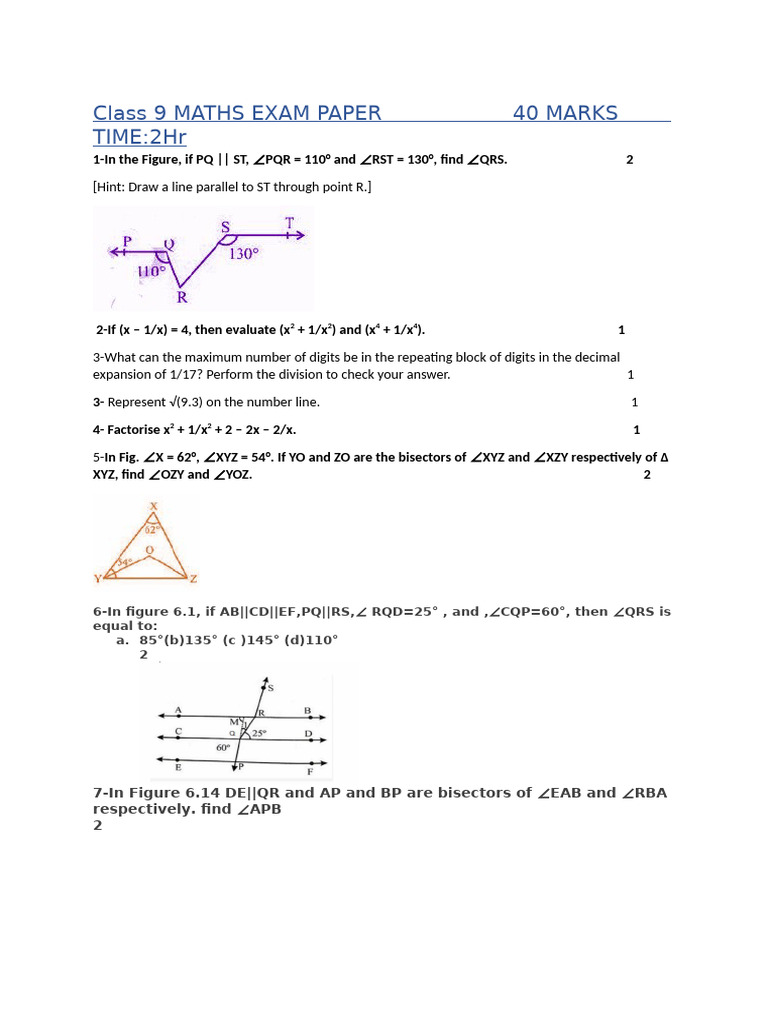 Class 9 MATHS EXAM PAPER 40 MARKS TIME | PDF | Mathematics | Elementary ...