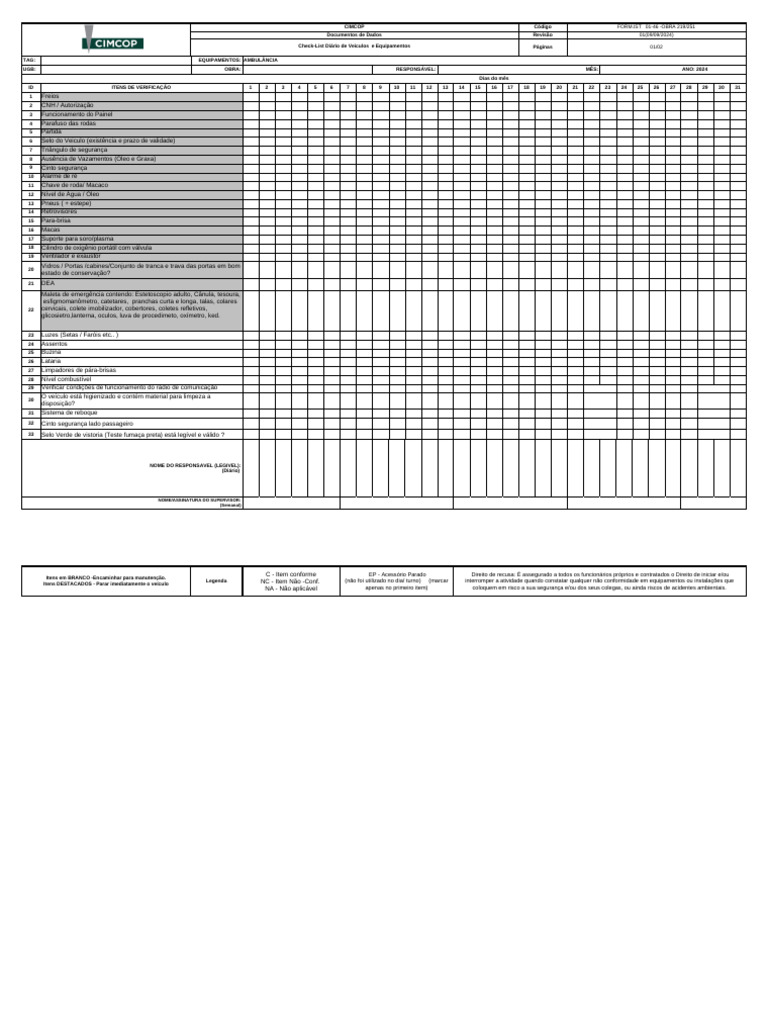 Form - Ist 01-46 Obra 251 Check List Ambulância - Veiculo | PDF