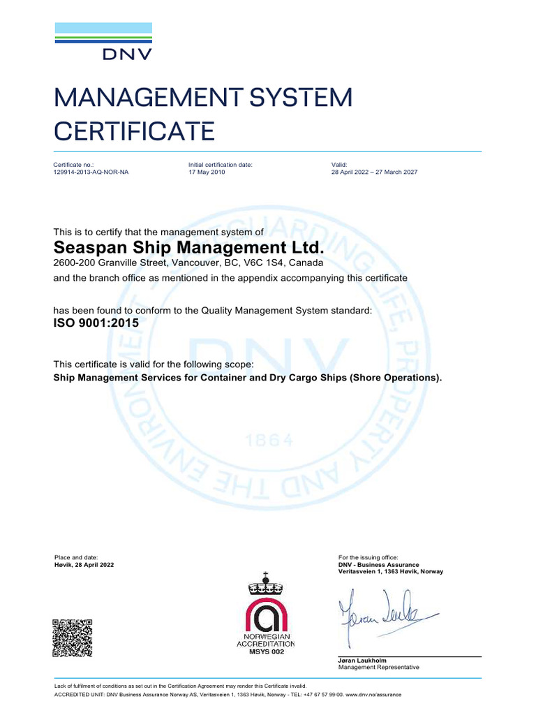 RF 009 Iso 9001 2015 Certification Seaspan Ship Management LTD v6 | PDF ...