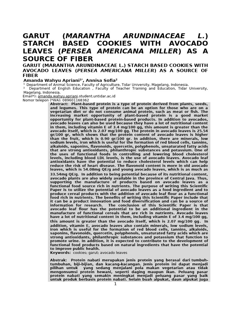 Garut Starch Based Cookies With Avocado Leaves As A Source of Fiber ...