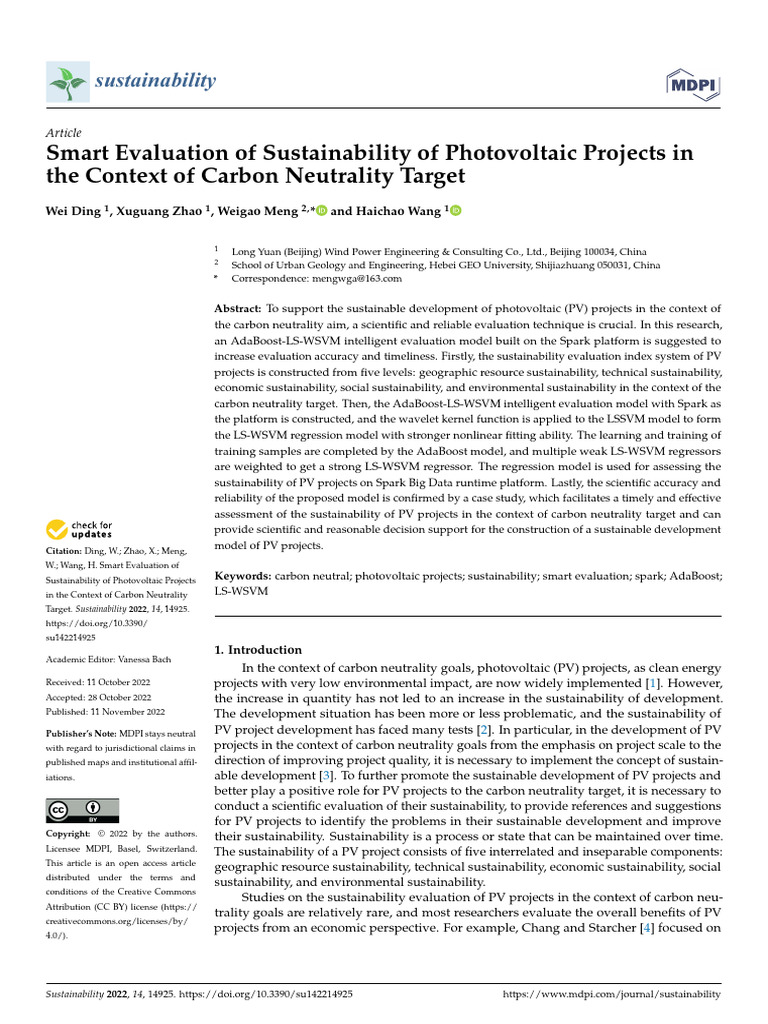 Smart Evaluation of Sustainability of Photovoltaic Projects in The Context of Carbon Neutrality ...
