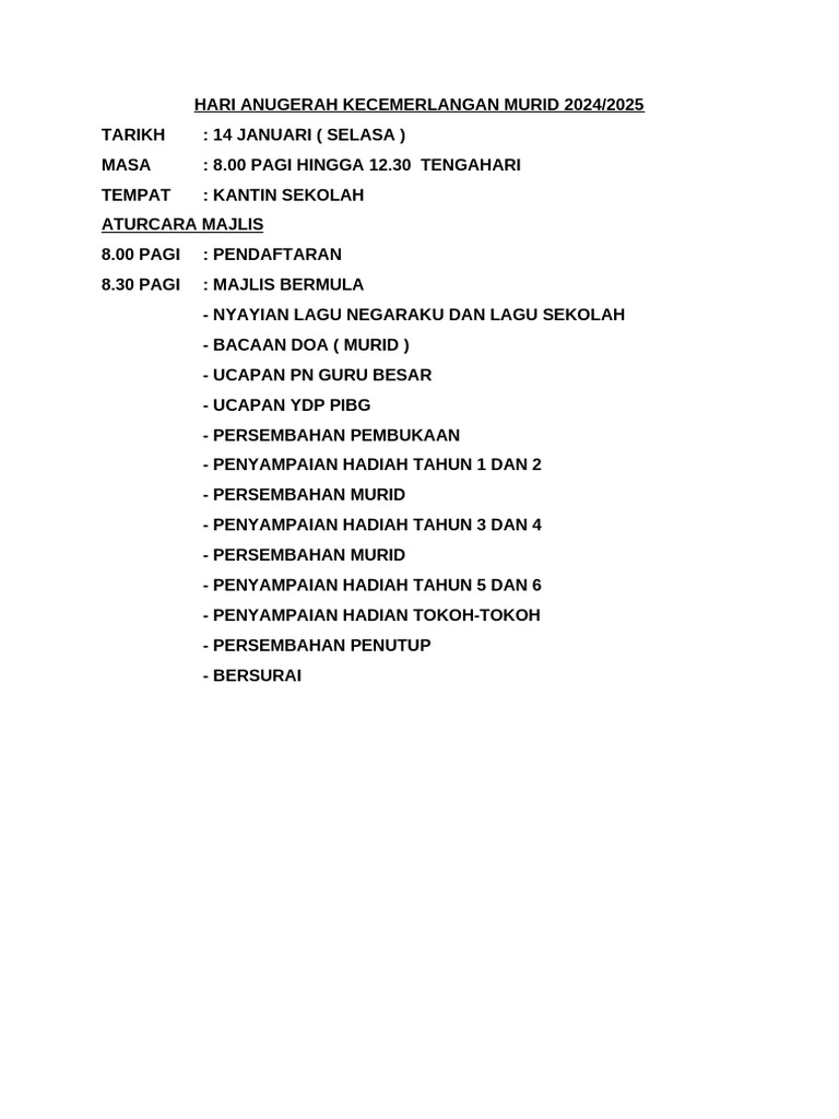 Jawatankuasa Kerja Hari Anugerah Kecemerlangan Murid 2024 | PDF