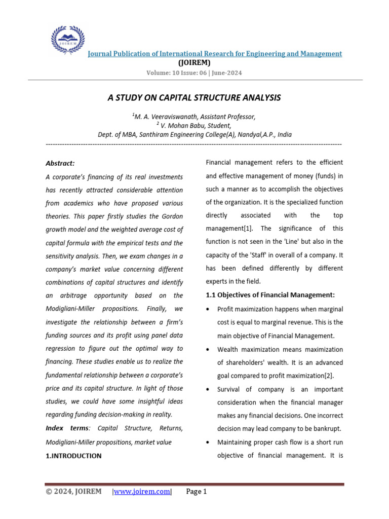 A Study on Capital Structure Analysis | PDF | Capital Structure | Cost Of Capital